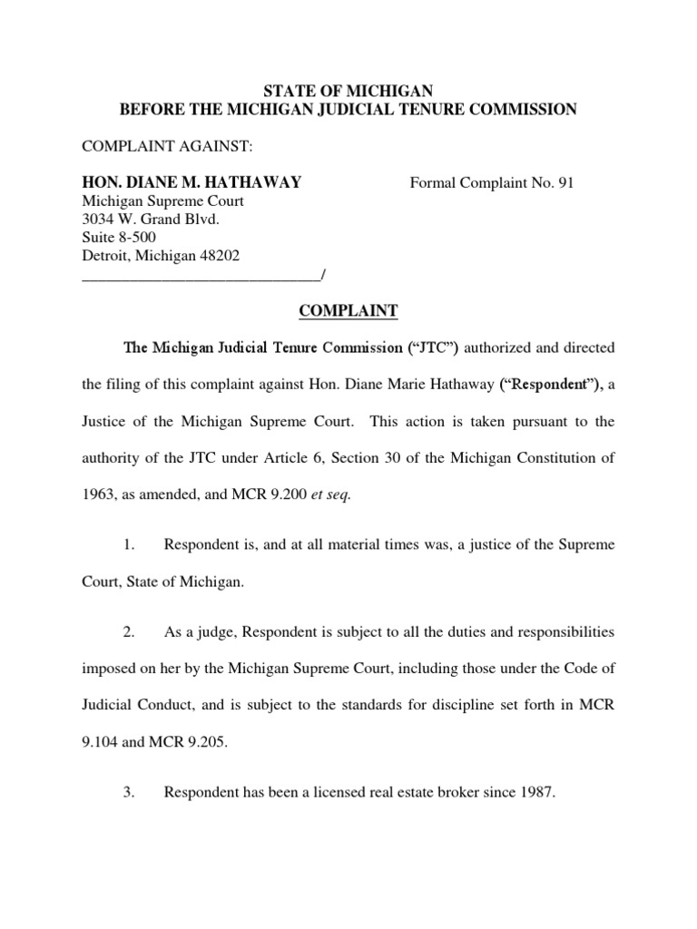 Michigan Judicial Tenure Commission Complaint | PDF | Government | Justice