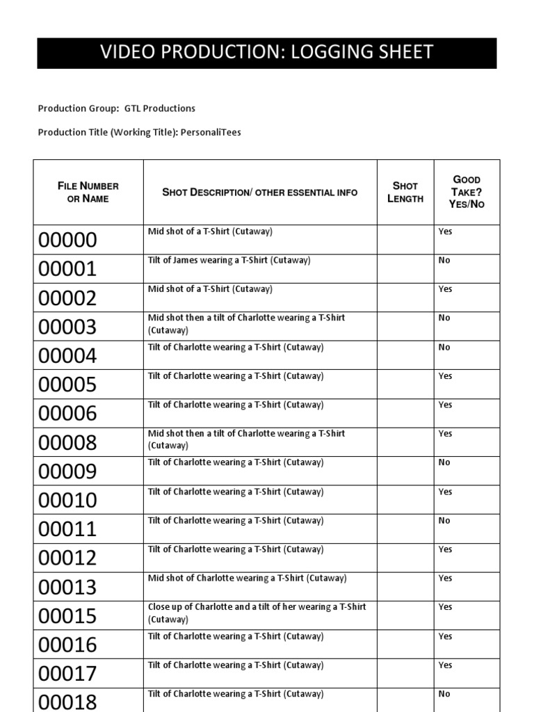 Video Production: Logging Sheet: Production Group: GTL Productions ...