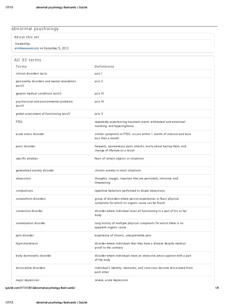 Abnormal Psychology Vocabulary | PDF | Personality Disorder | Schizophrenia