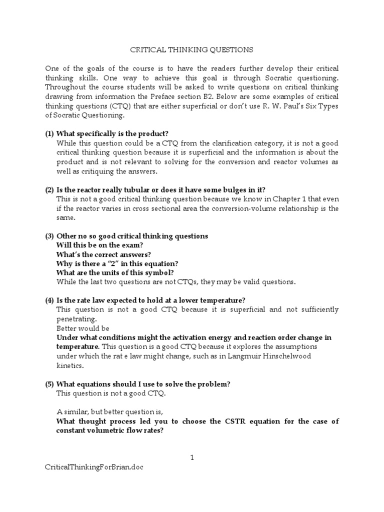 Critical Thinking Questions | PDF | Chemical Reactor | Critical Thinking