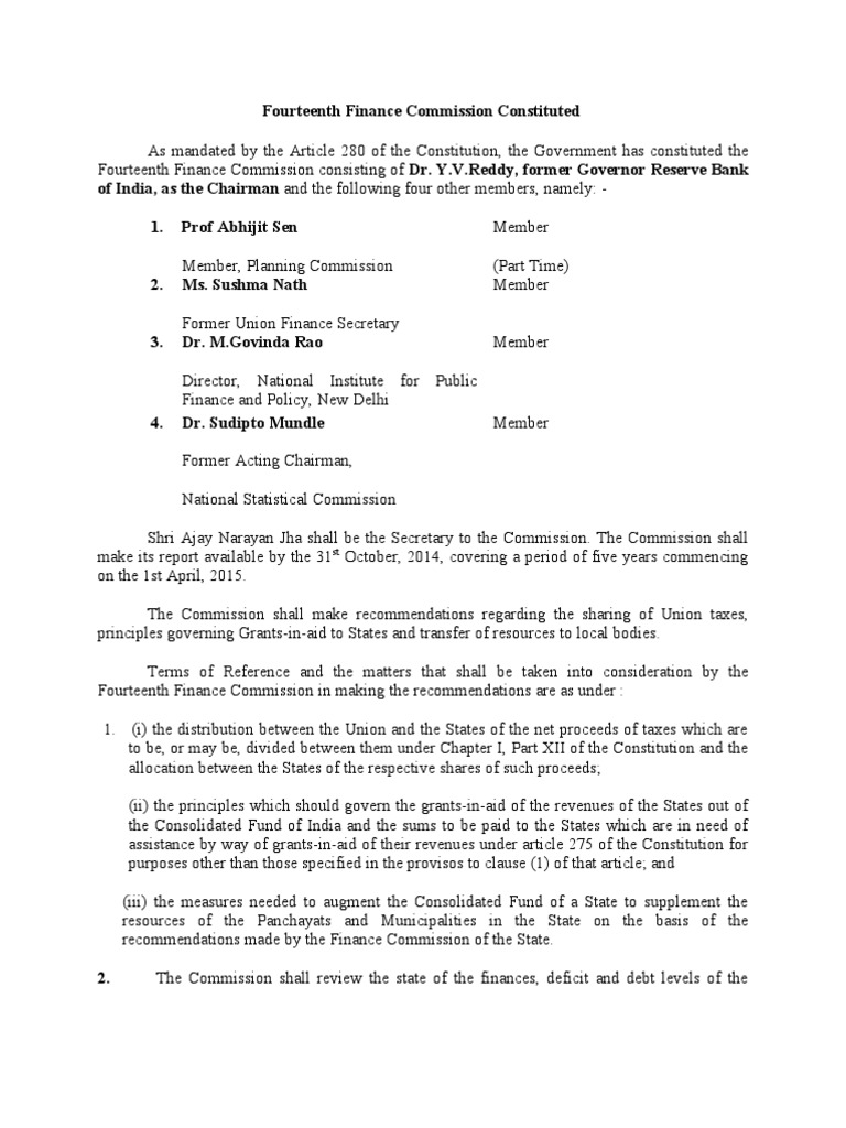 Fourteenth Finance Commission | PDF | Government | Economics