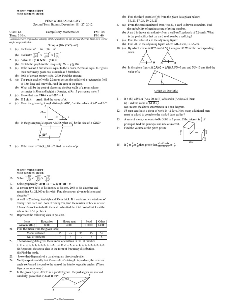 Class 9 Maths Question Paper 2080 | PDF | Teaching Mathematics ...