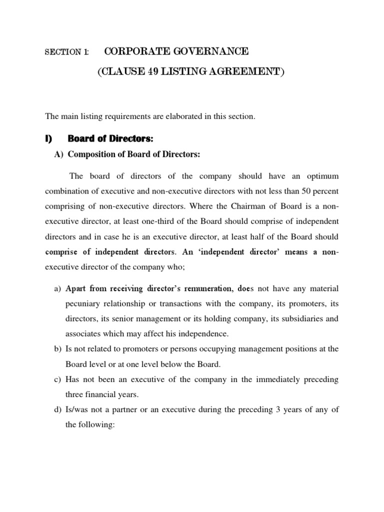 Corporate Governance (Clause 49 Listing Agreement) : I) Board of ...