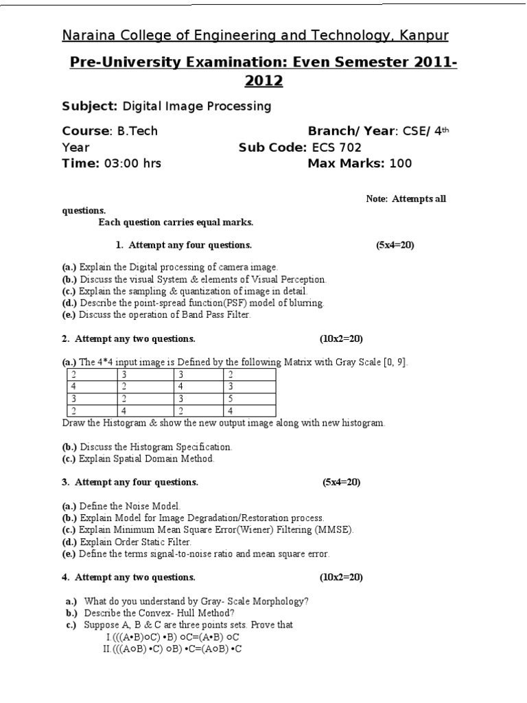 Pre-University Examination: Even Semester 2011-2012: Naraina College of ...