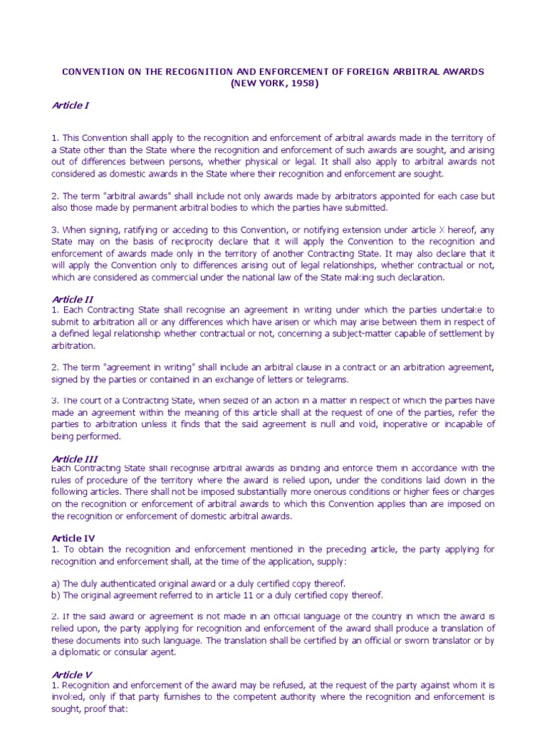 Convention on the Recognition and Enforcement of Foreign Arbitral Awards | Arbitration ...