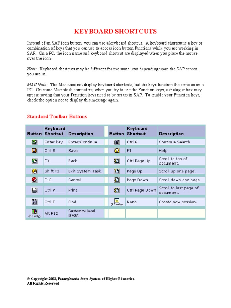 Shortcut Keys For SAP | PDF | Keyboard Shortcut | Control Key