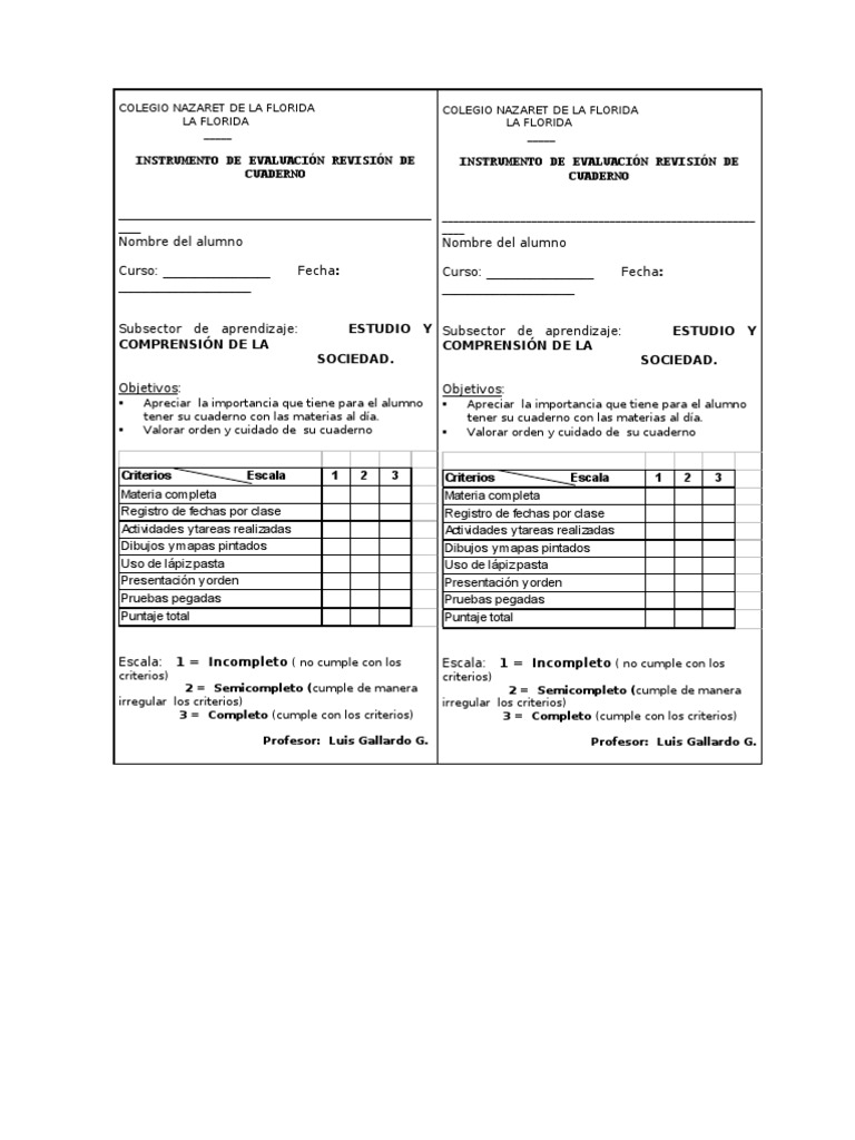 rubrica para revisión de cuaderno | Rúbrica (Académica) | Maestros