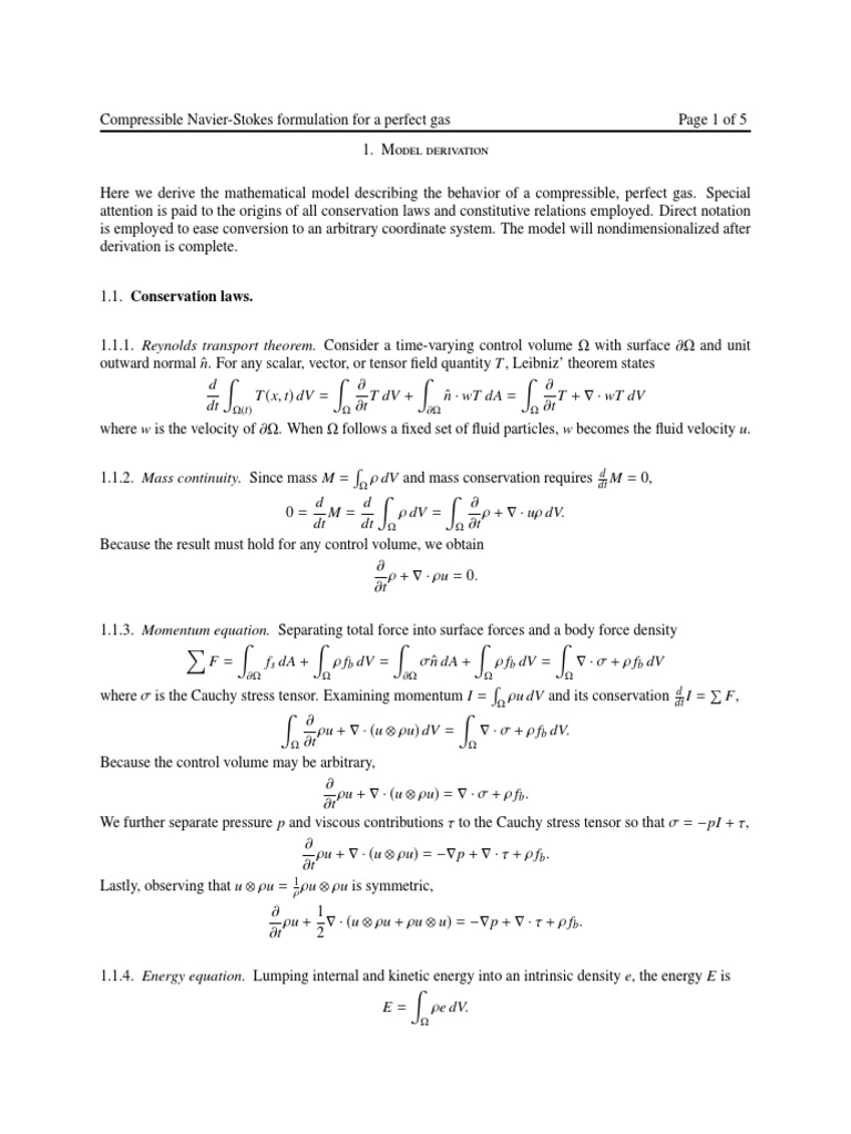 Compressible Navier Stokes Formulation For A Perfect Gas Pdf Navier Stokes Equations Viscosity