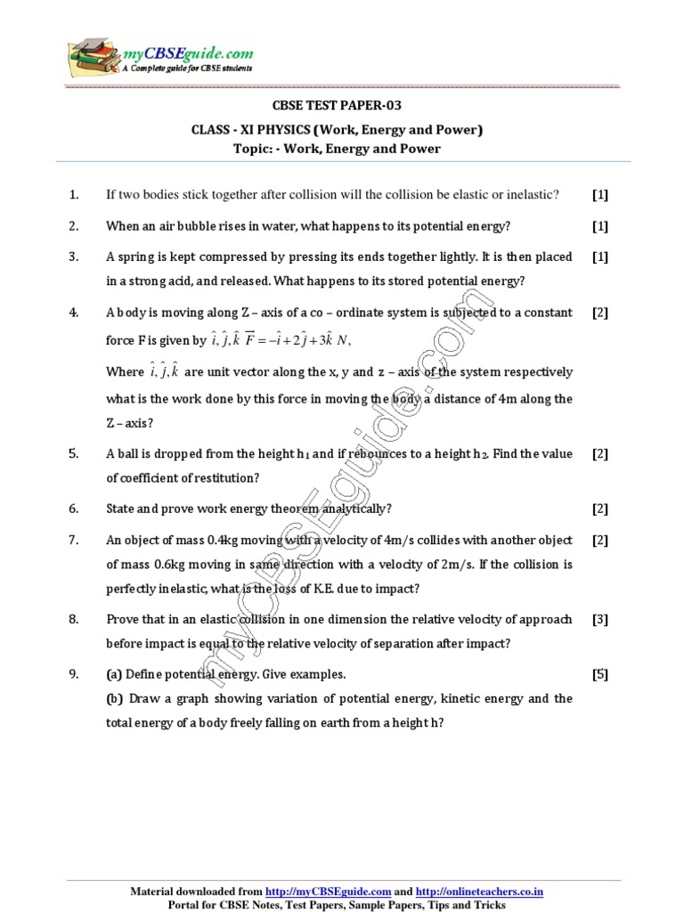 11 Physics Work Energy and Power Test 03 | PDF