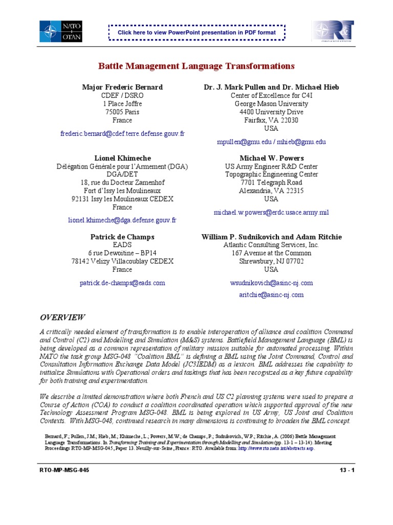 Battle Management Language Transformations: Major Frederic Bernard Dr ...