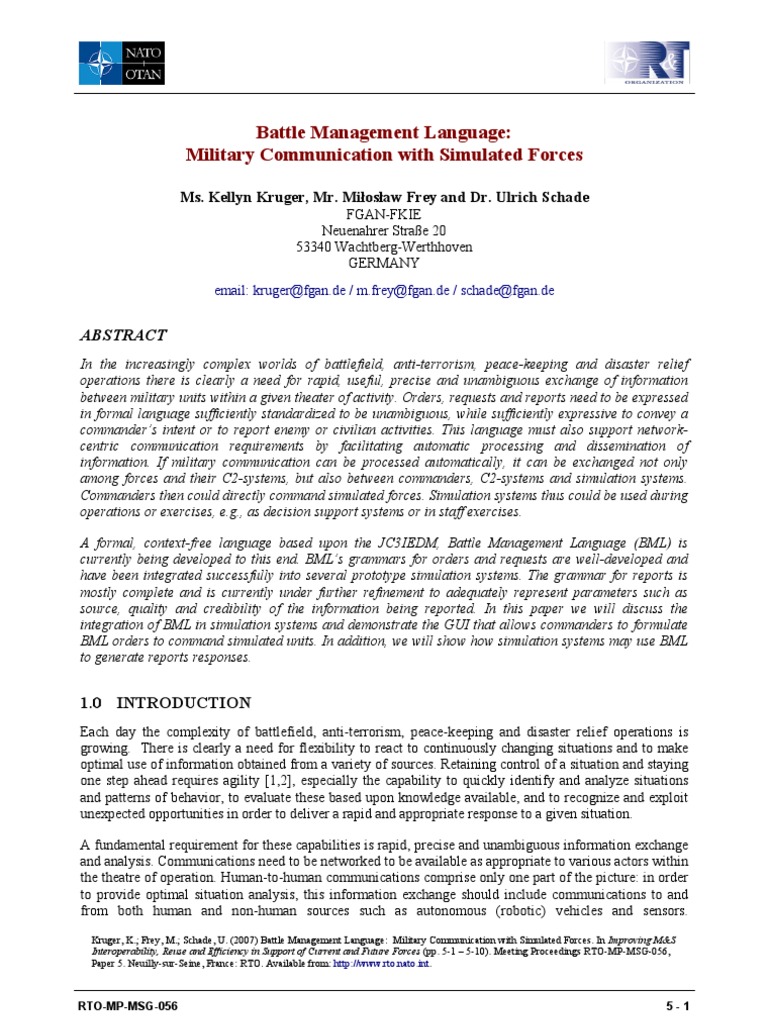 Battle Management Language: Military Communication With Simulated Forces | PDF | Command And ...