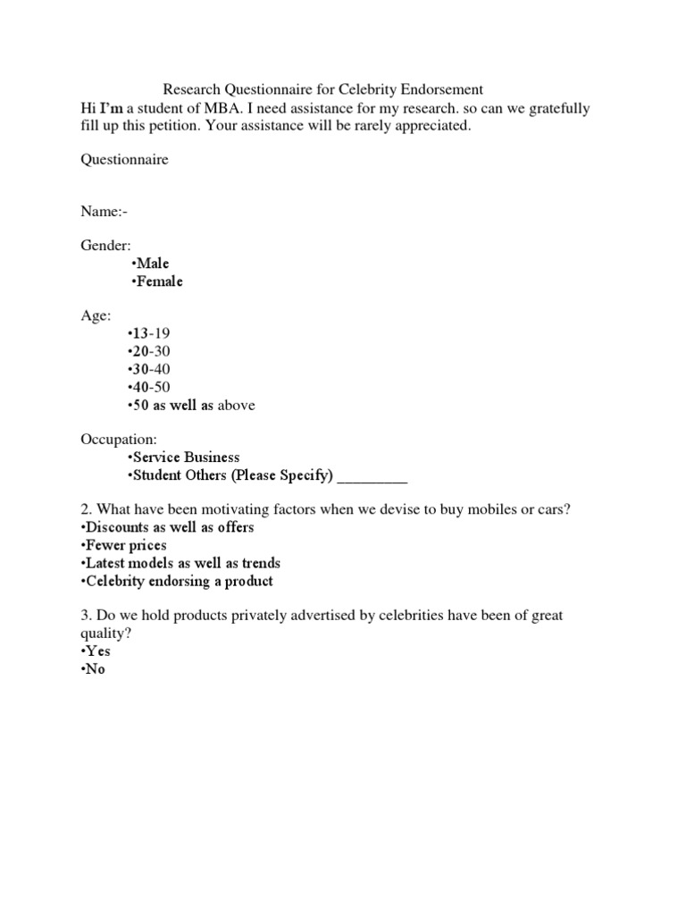 Research Questionnaire For Celebrity Endorsement | PDF | Celebrity ...