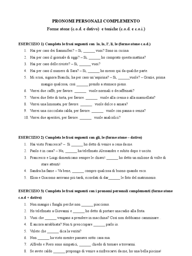 Esercizi Pronomi Personali Complemento ITALIANO L2 | PDF