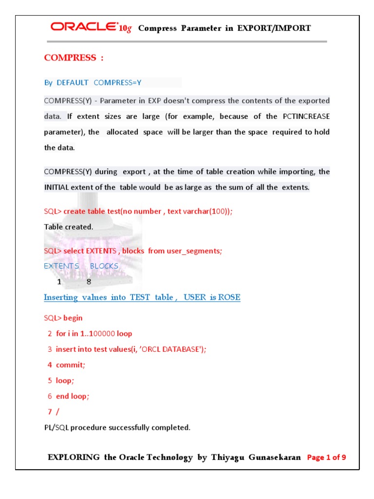 Compress Parameter in EXP&IMP | Oracle Database | Data Management