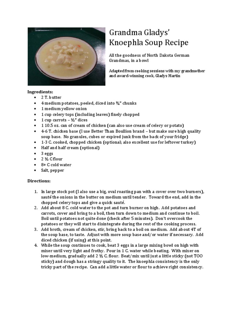 Grandma Gladys Knoephla Recipe | PDF | Soup | Potato
