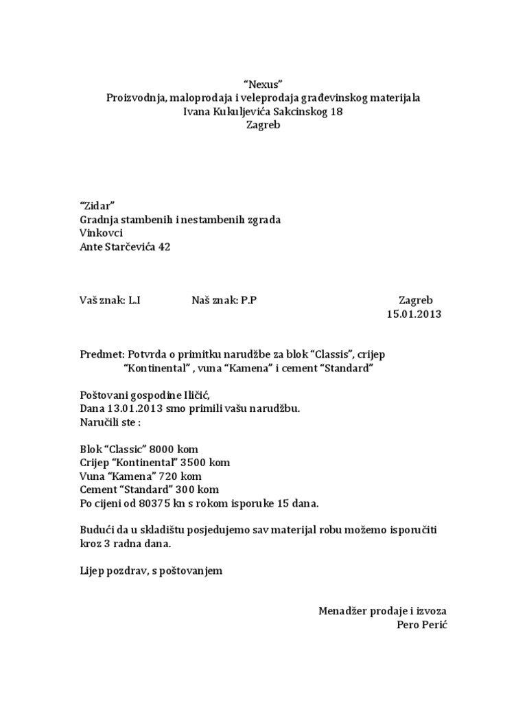 Potvrda o primitku narudžbe | PDF