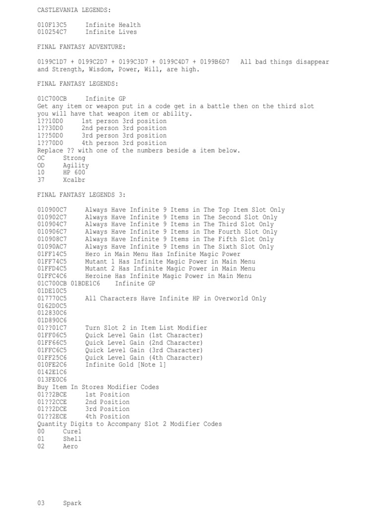 Game Boy Game Shark Codes | PDF | Leisure