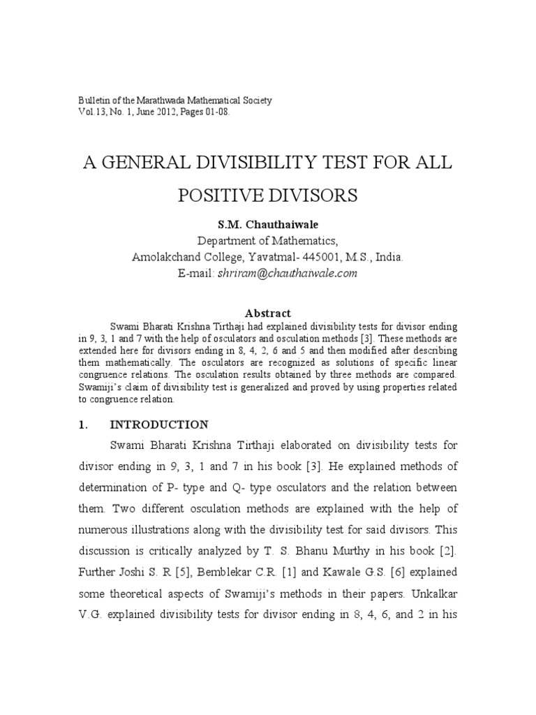 Divisibility Tests for Mathematicians | PDF | Mathematical Objects ...