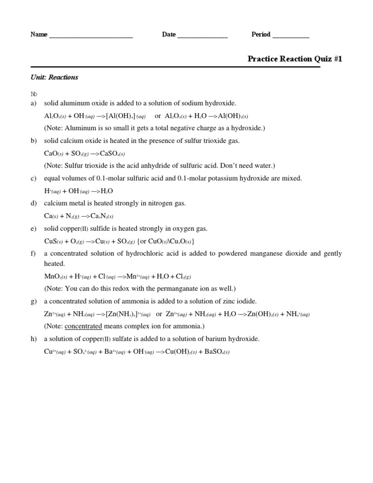 Unit: Reactions: Practice Reaction Quiz #1 | PDF | Science ...