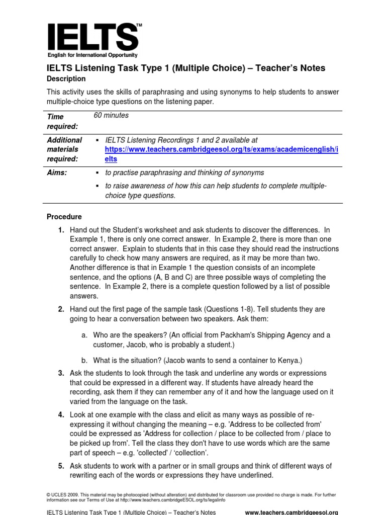 Ielts Listening Task 1 Multiple Choice | PDF | Question | Multiple Choice