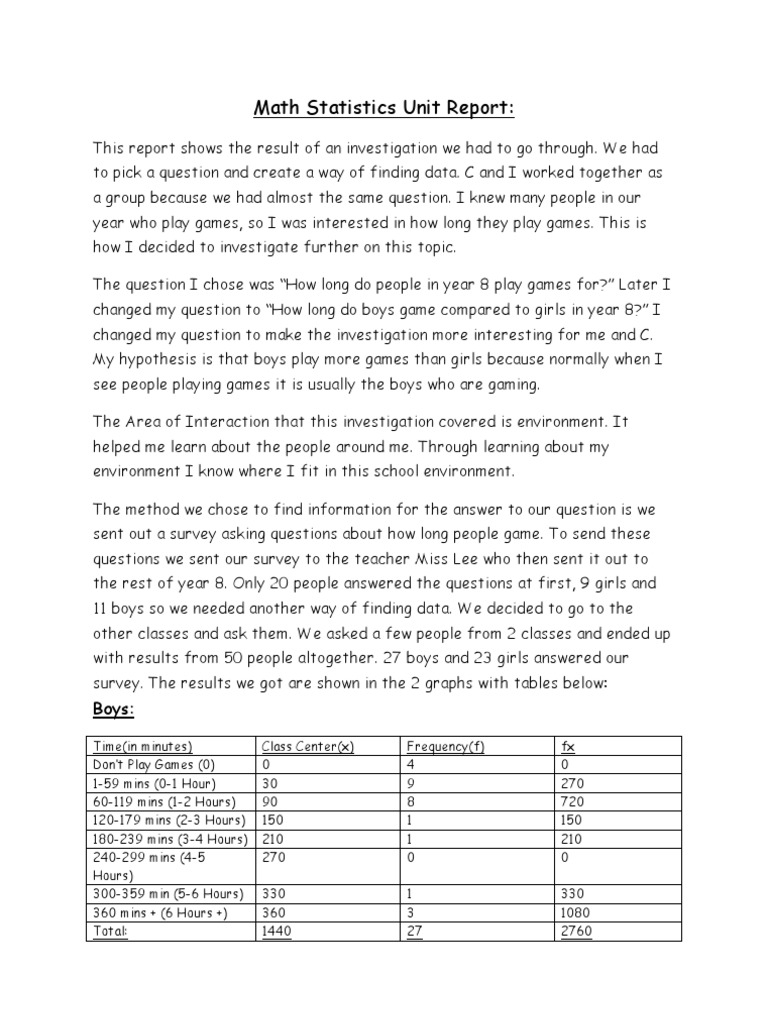 Y8 MAT StatisticsUnitReport 18NirvanS | PDF | Pie Chart | Survey ...