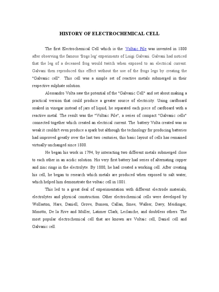 A HISTORY OF ELECTROCHEMICAL CELLS: FROM THE VOLTAIC PILE TO THE ...