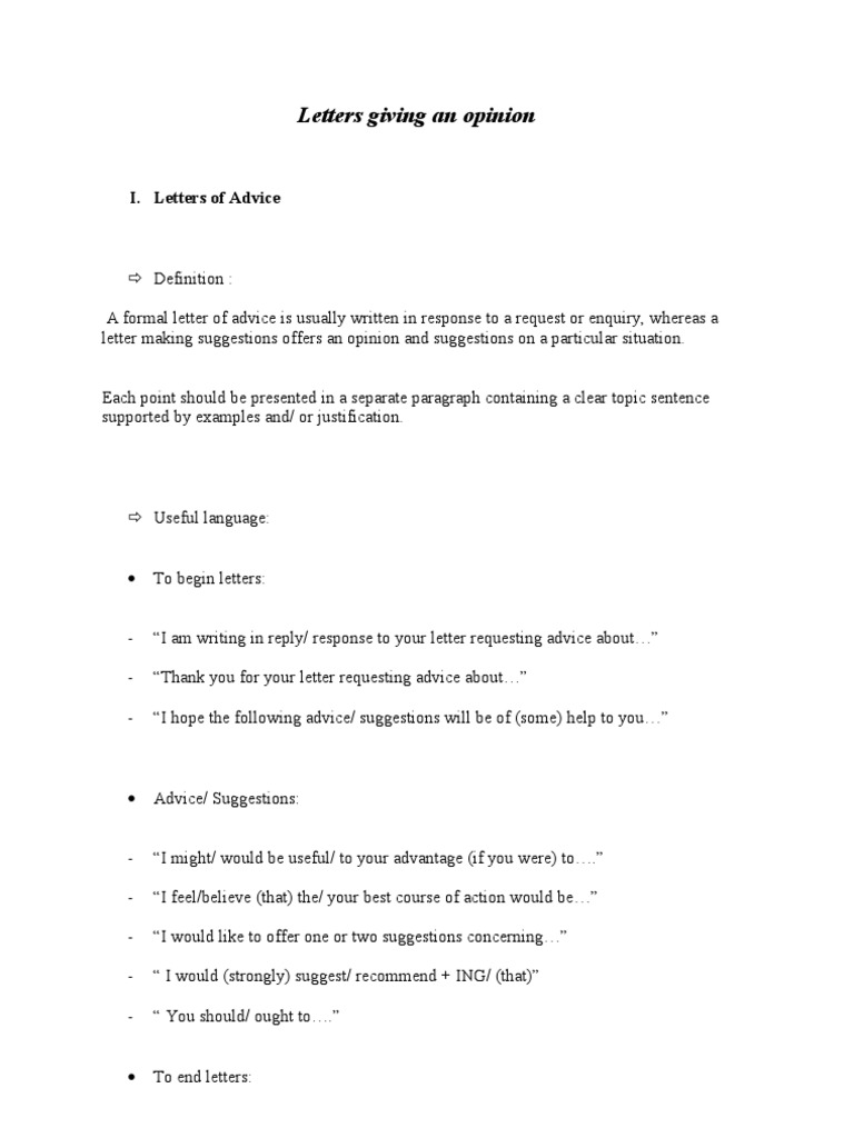 letters giving opinion | Advice (Opinion) | Paragraph
