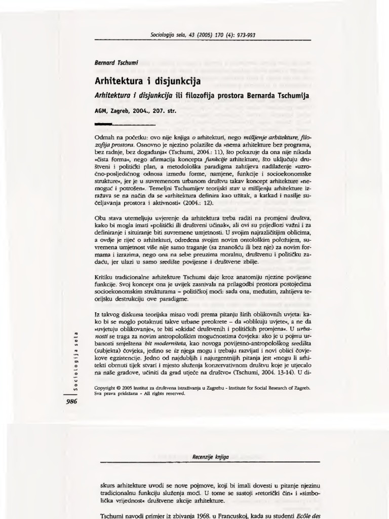 Arhitektura I Disjunkcija Ili Filozofija Prostora Bernarda Tschumija | PDF