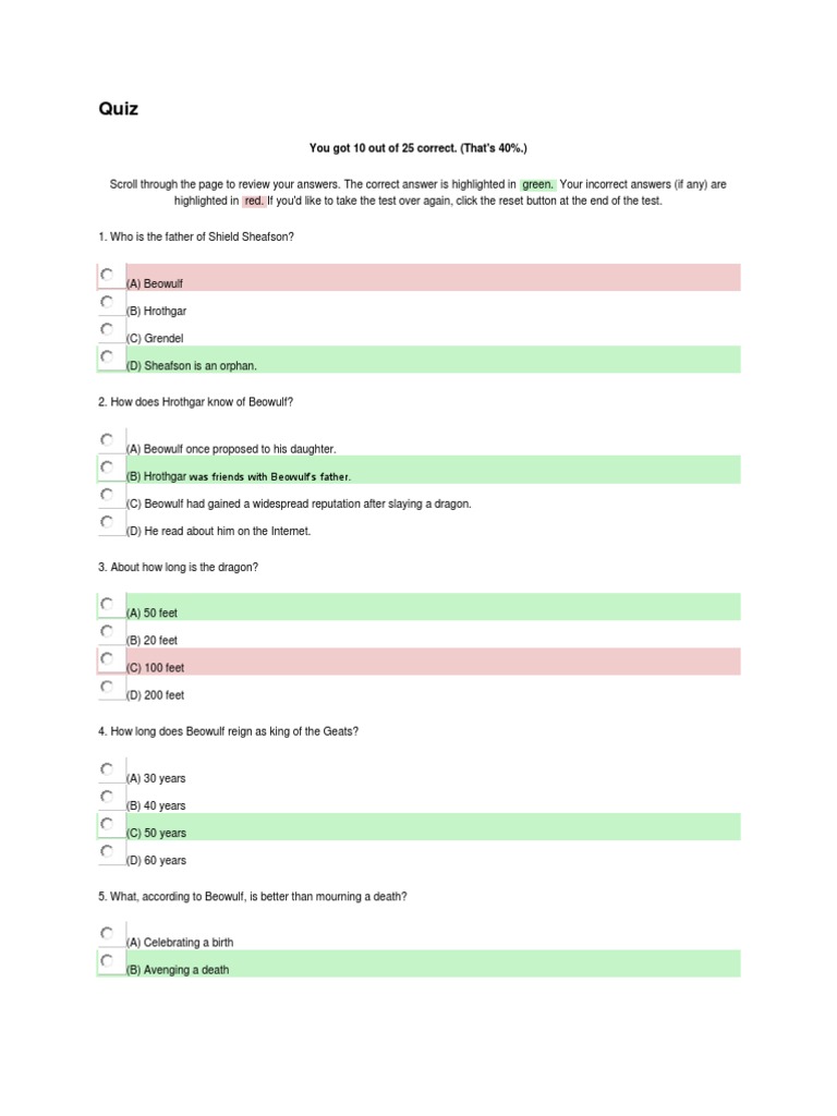 Beowulf - Quiz | PDF | Beowulf | English Heroic Legends