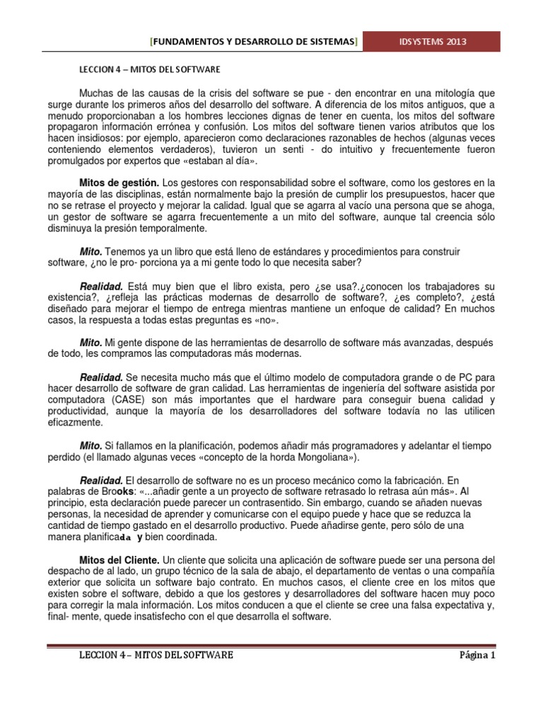 Leccion 4 - Mitos Del Software | PDF | Ingeniería de software | Mitología