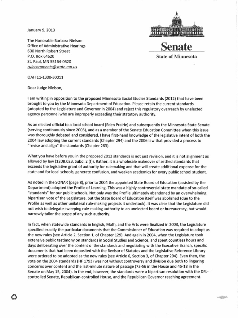 Sen. Hann's Letter On Social Studies Standards | PDF