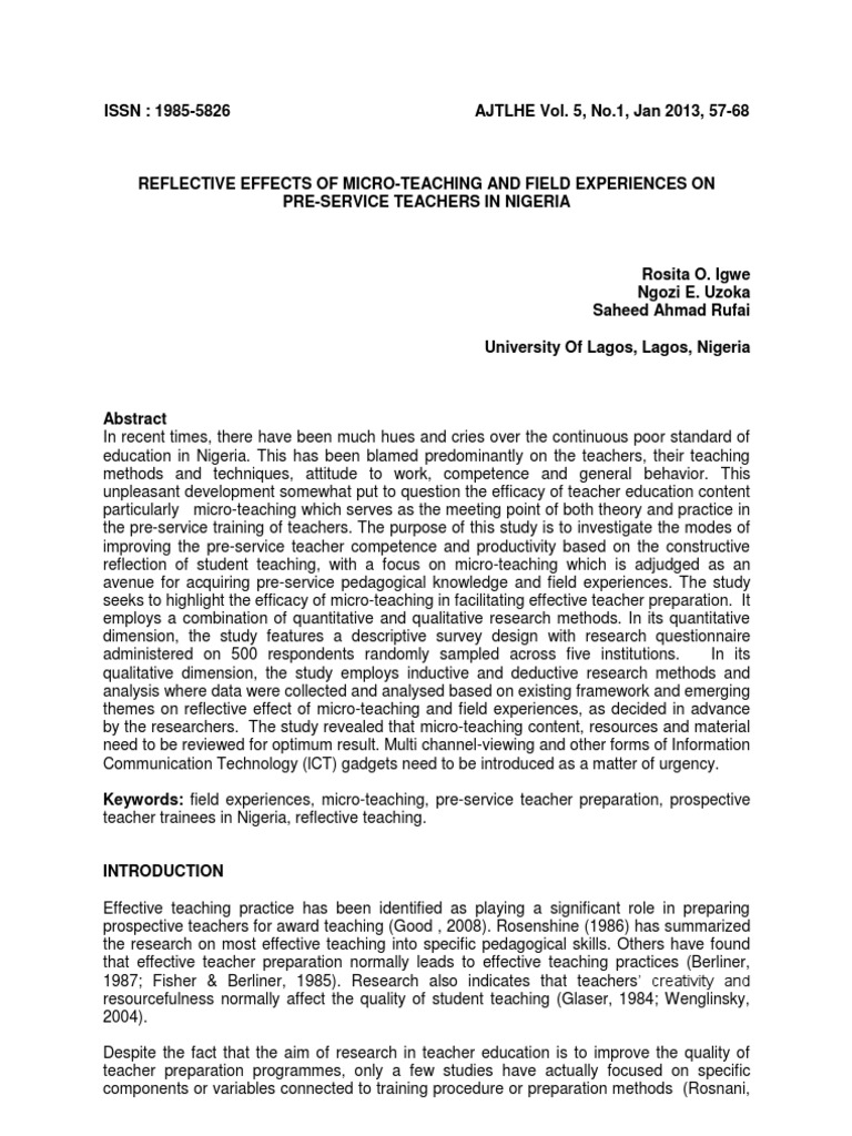 Reflective Effects of Micro-Teaching and Field Experiences On Pre ...