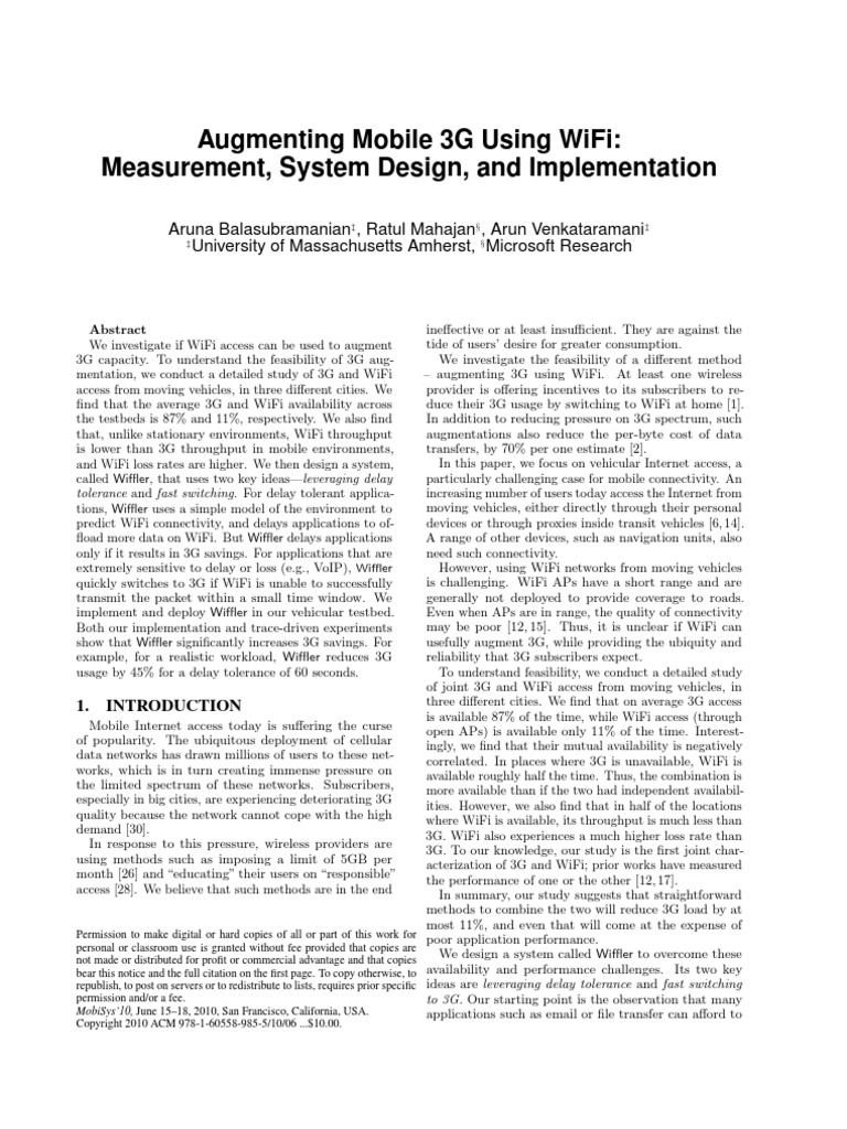 Augmenting Mobile 3G Using Wifi: Measurement, System Design, and Implementation | PDF | Voice ...