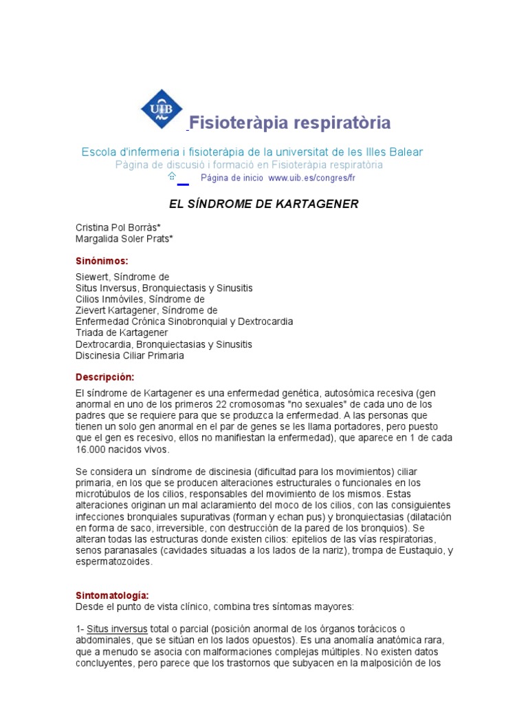 Sindrome Kartagener | Descargar gratis PDF | Enfermedades y trastornos | Ciencias de la Salud