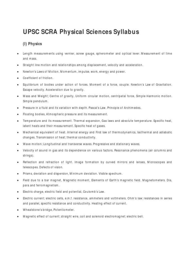 UPSC SCRA Physical Sciences Syllabus | PDF | Hydrogen | Chemistry