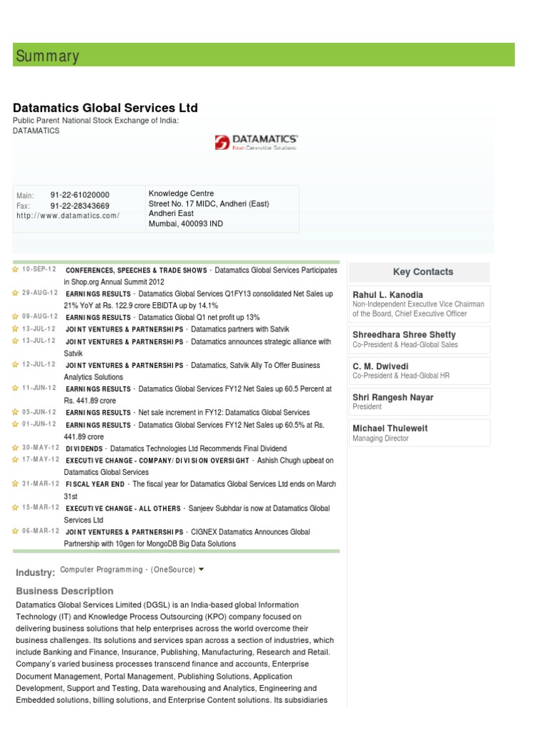 Datamatics - Company Info | PDF | Business Process Outsourcing ...