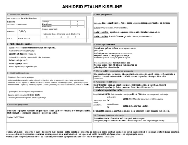 Anhidrid Ftalne Kiseline MSDS Skracena | PDF