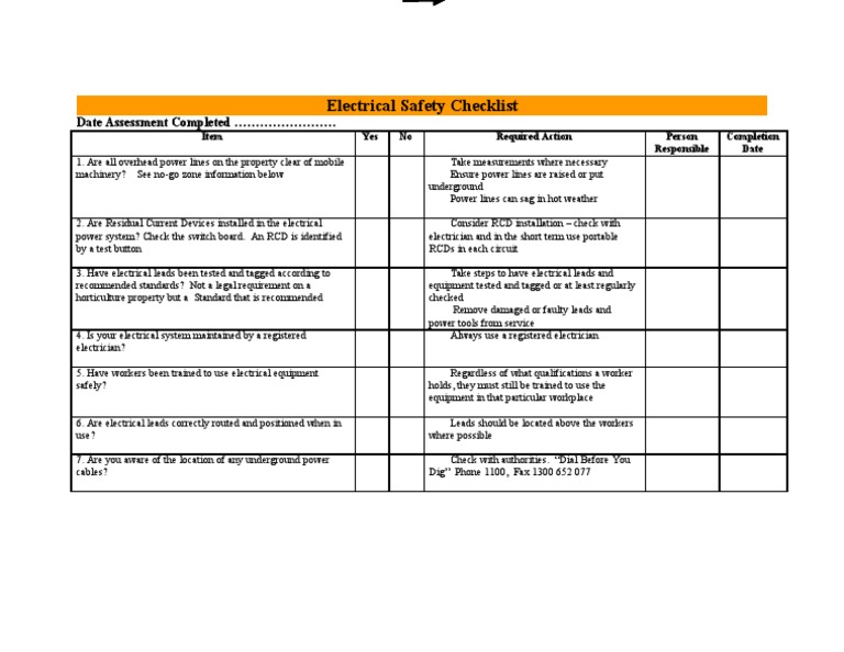 Electrical Safety Checklist: Date Assessment Completed | PDF