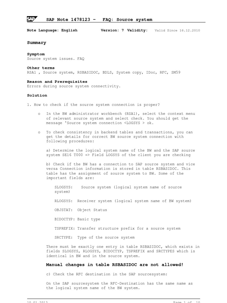 FAQ on SAP Source System Issues | PDF
