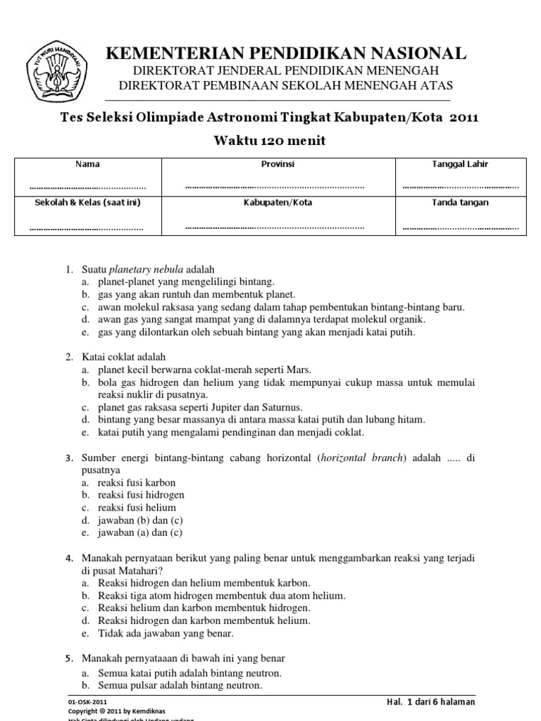 Soal OSK Astronomi Kode 01 | PDF