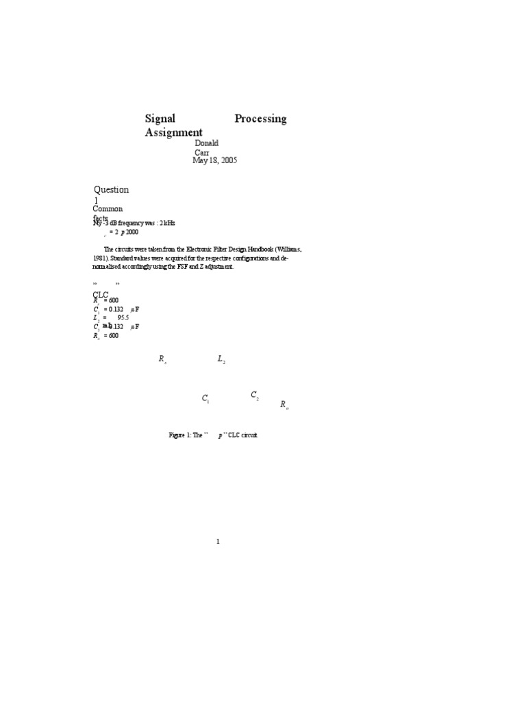 Signal Processing Assignment: Donald Carr May 18, 2005 | PDF | Control Theory | Signal Processing