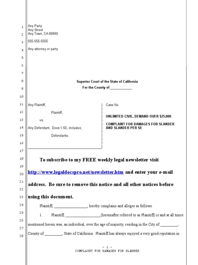 Sample Slander Complaint For California | PDF | Defamation | Damages