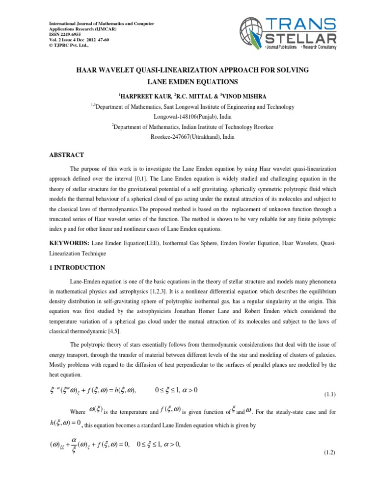 Haar Wavelet Quasi-Linearization Approach For Solving Lane Emden ...
