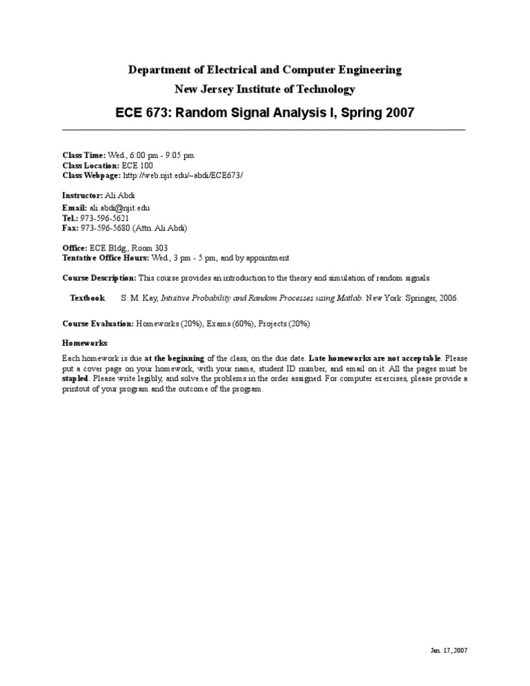 NJIT ECE 673 RSA - Intuitive Probability and Random Processes Using MATLAB - Steven Kay - Course ...