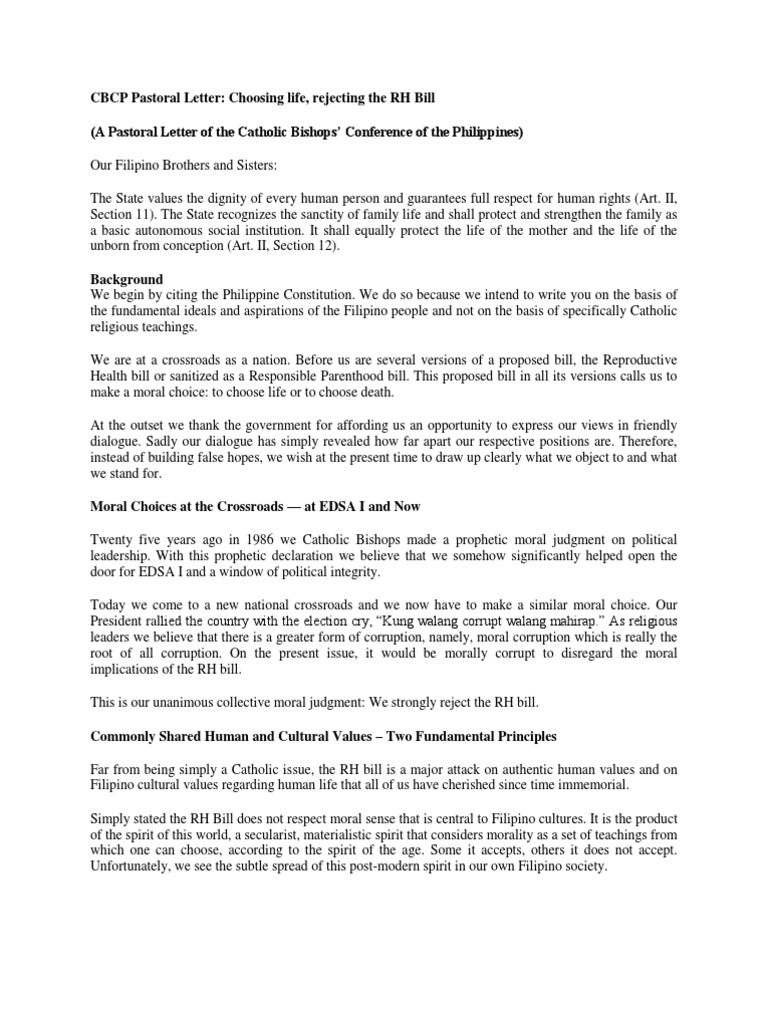 CBCP Pastoral Letter RH Bill | PDF | Safe Sex | Birth Control