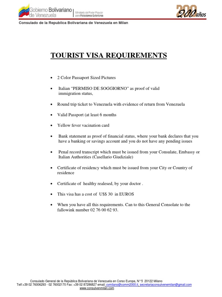 Venezuela Tourist Visa Requirements Milan | PDF
