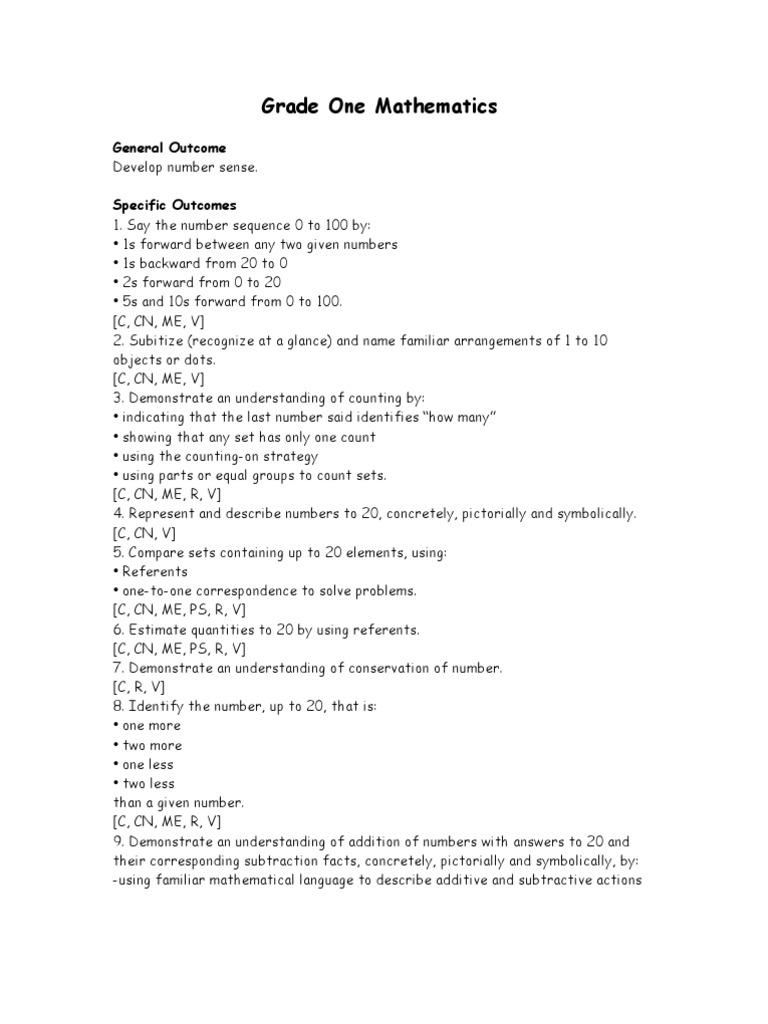 Grade One Mathematics: General Outcome | PDF | Inequality (Mathematics ...