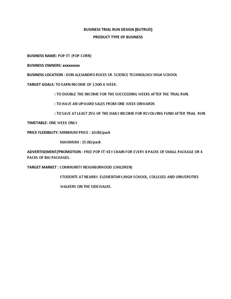 Business Trial Run Design Sample | PDF | Marketing | Market (Economics)