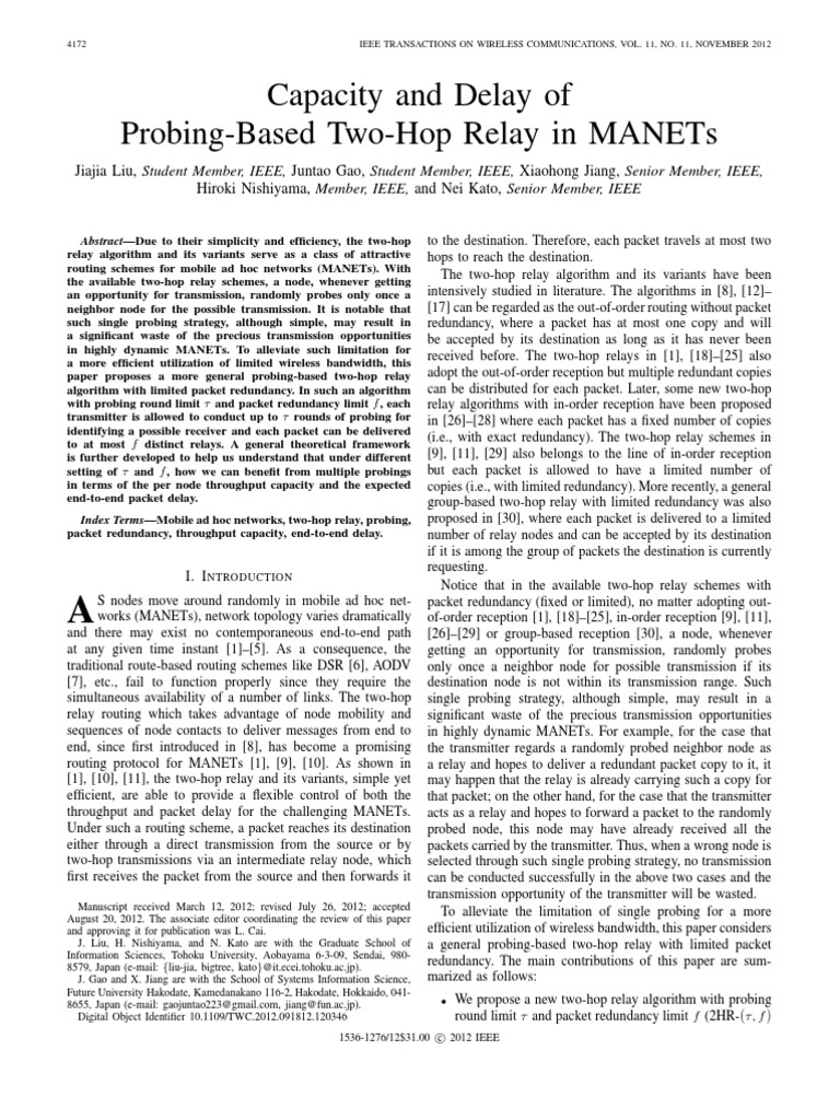 Capacity and Delay of Probing-Based Two-Hop Relay in Manets | PDF | Wireless Ad Hoc Network ...