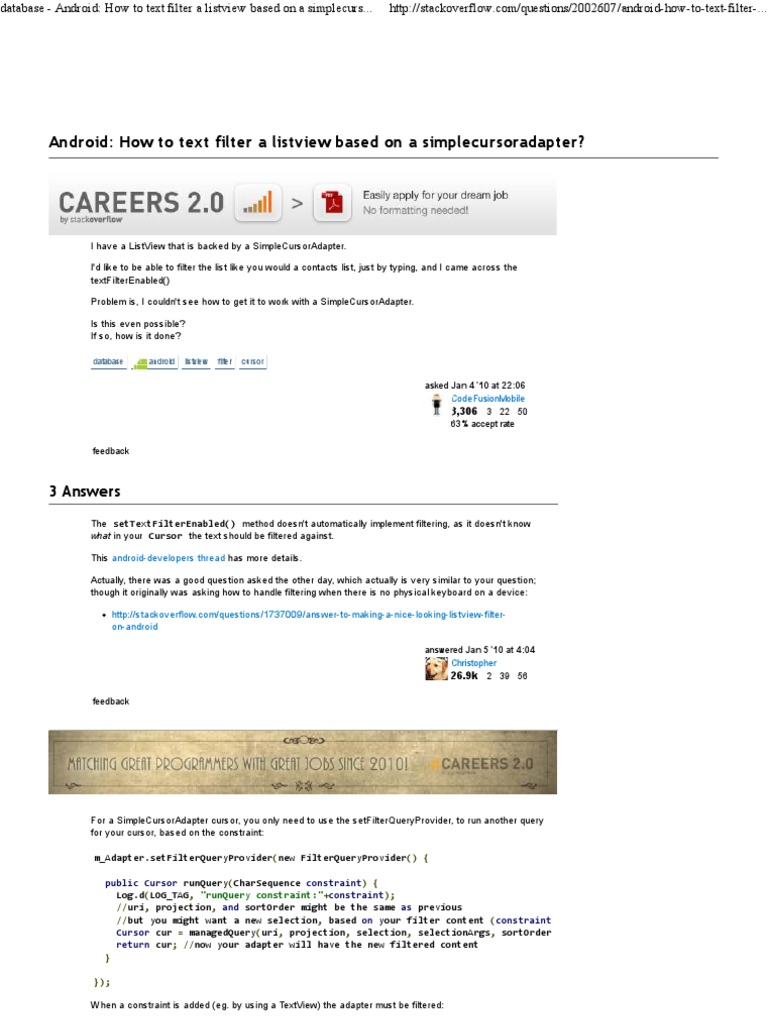 Database - Android - How To Text Filter A Listview Based On A Simplecursoradapter - Stack ...